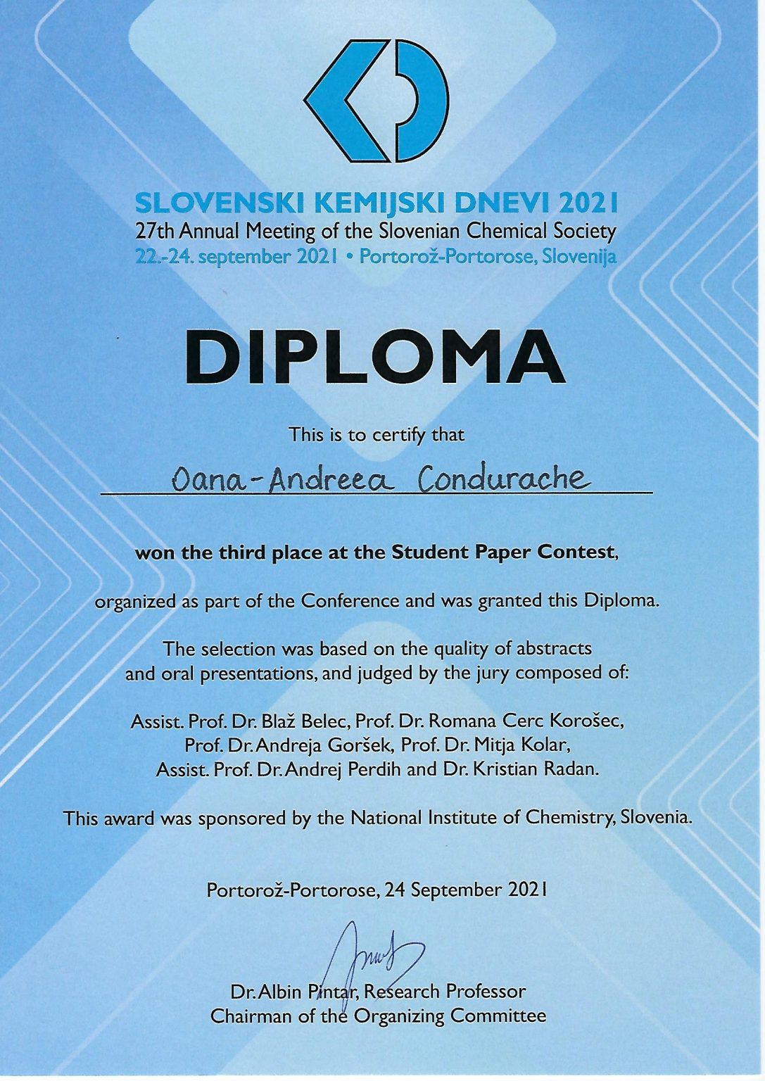 Oana-Andreea Condurache won the 3rd prize at the Student Paper Contest ...